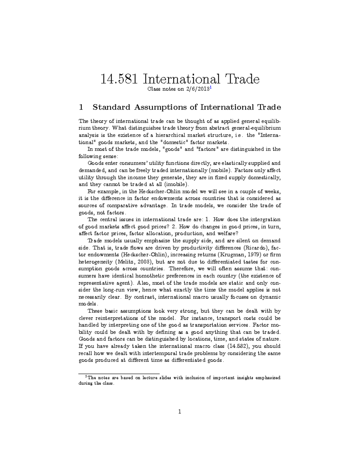 MIT14 581S13 classnotes 1 - 14 International Trade Class notes on 2/6 ...