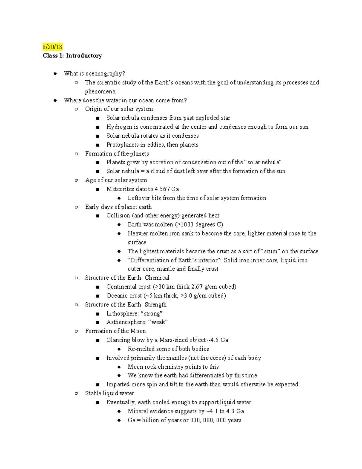 GEOL 107 Notes - Teacher: Sara Feakins - 8/20/18 Class 1: Introductory ...