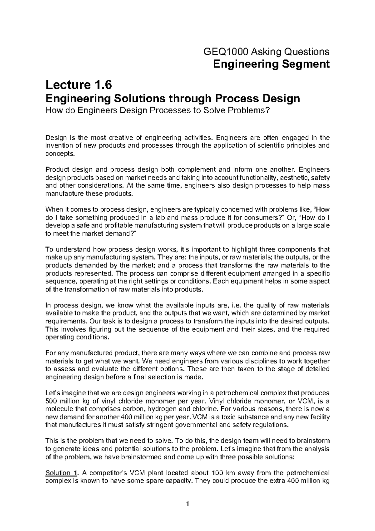 Engineering 1-6 Engineering Solutions through Process Design - 1 ...