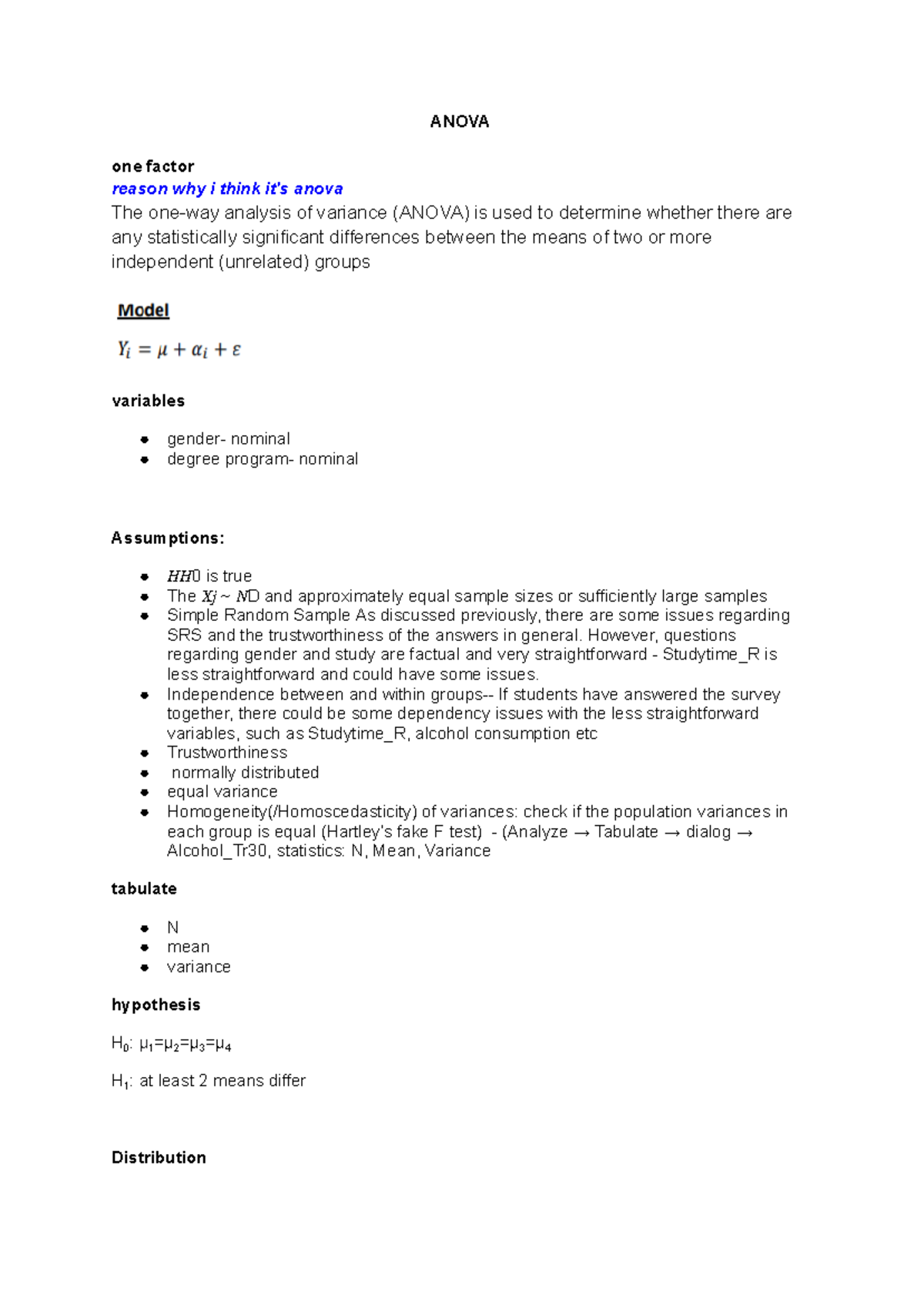 Anova notes qrm - ANOVA one factor reason why i think it's anova The ...
