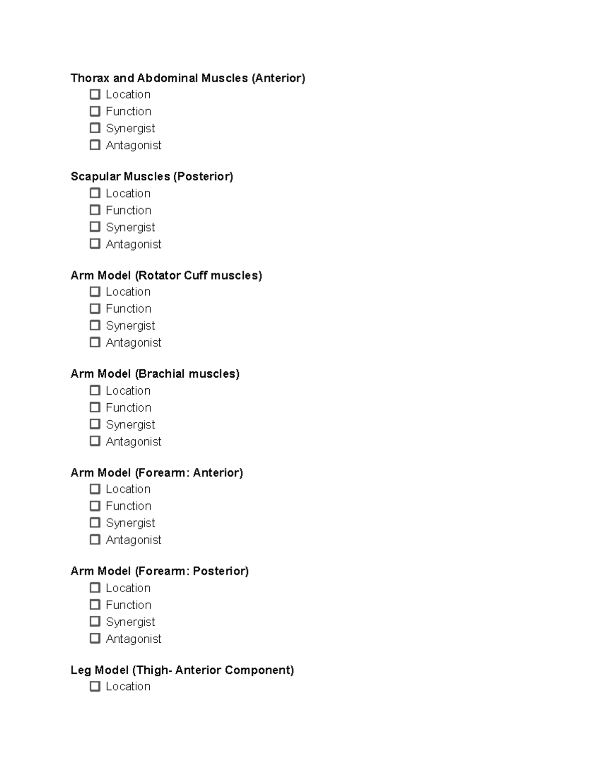 BIO 234 Checklist Exam #2 - Thorax and Abdominal Muscles (Anterior ...