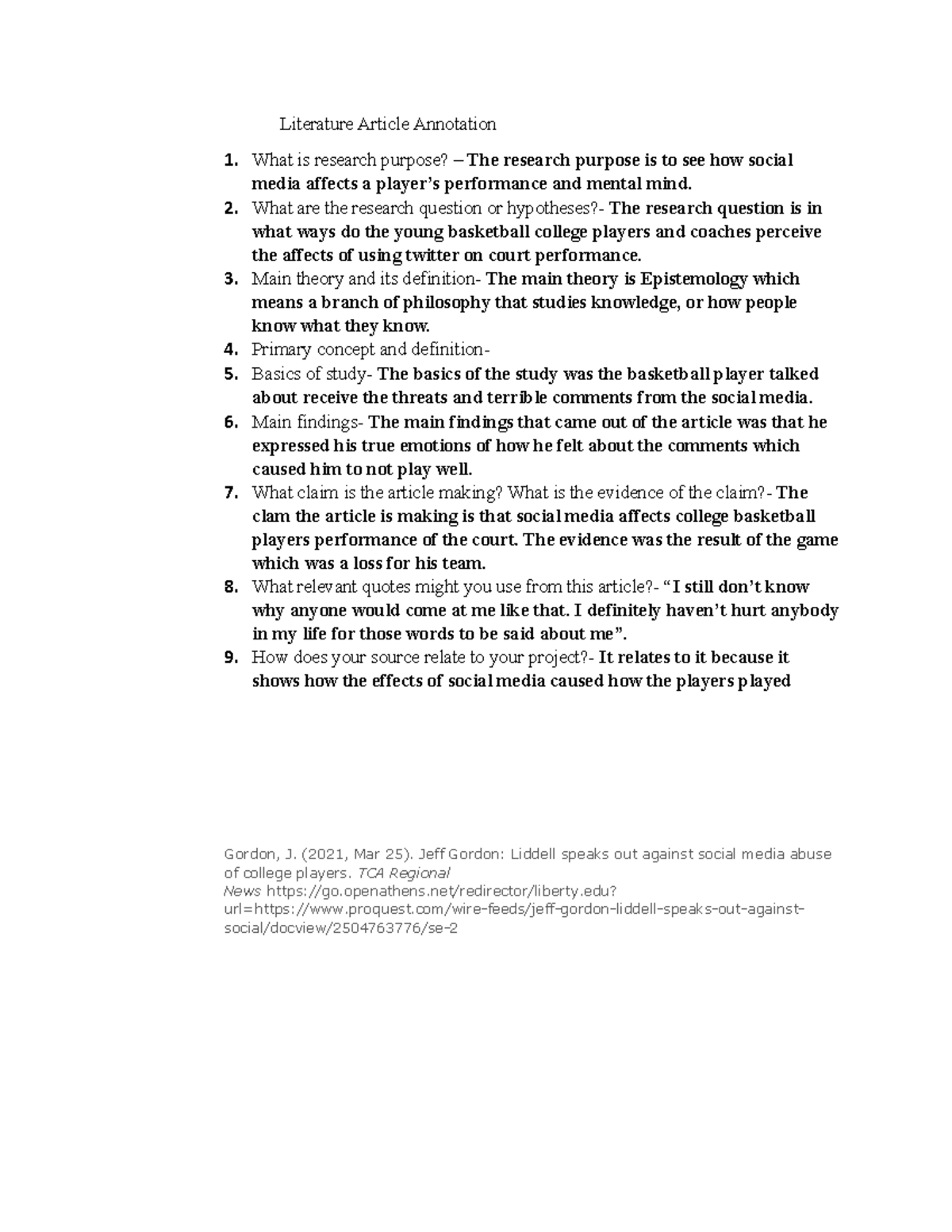 Literature Article Annotation - What are the research question or ...