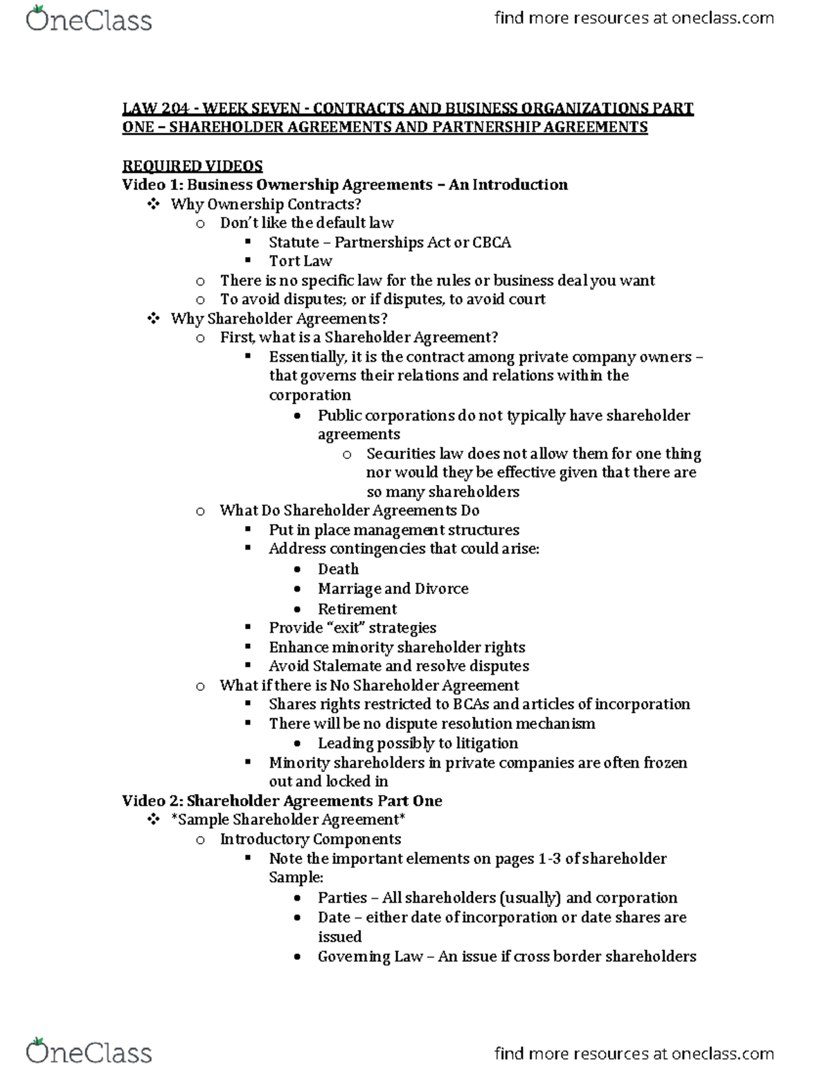 Week 7 Notes - LAW 204 - WEEK SEVEN - CONTRACTS AND BUSINESS ...