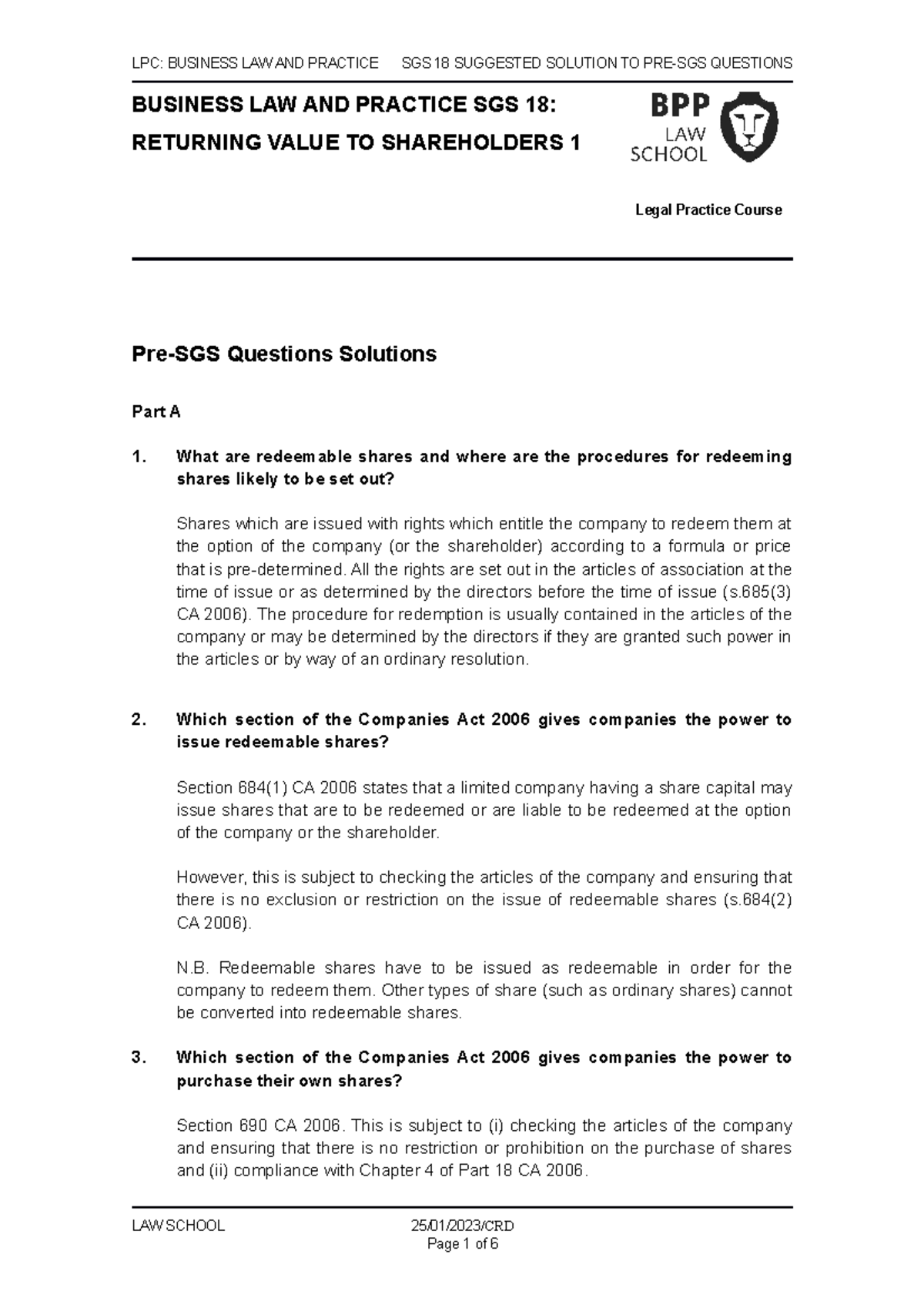 BLP SGS 18 Solutions to Pre-SGS Questions - LPC: BUSINESS LAW AND ...