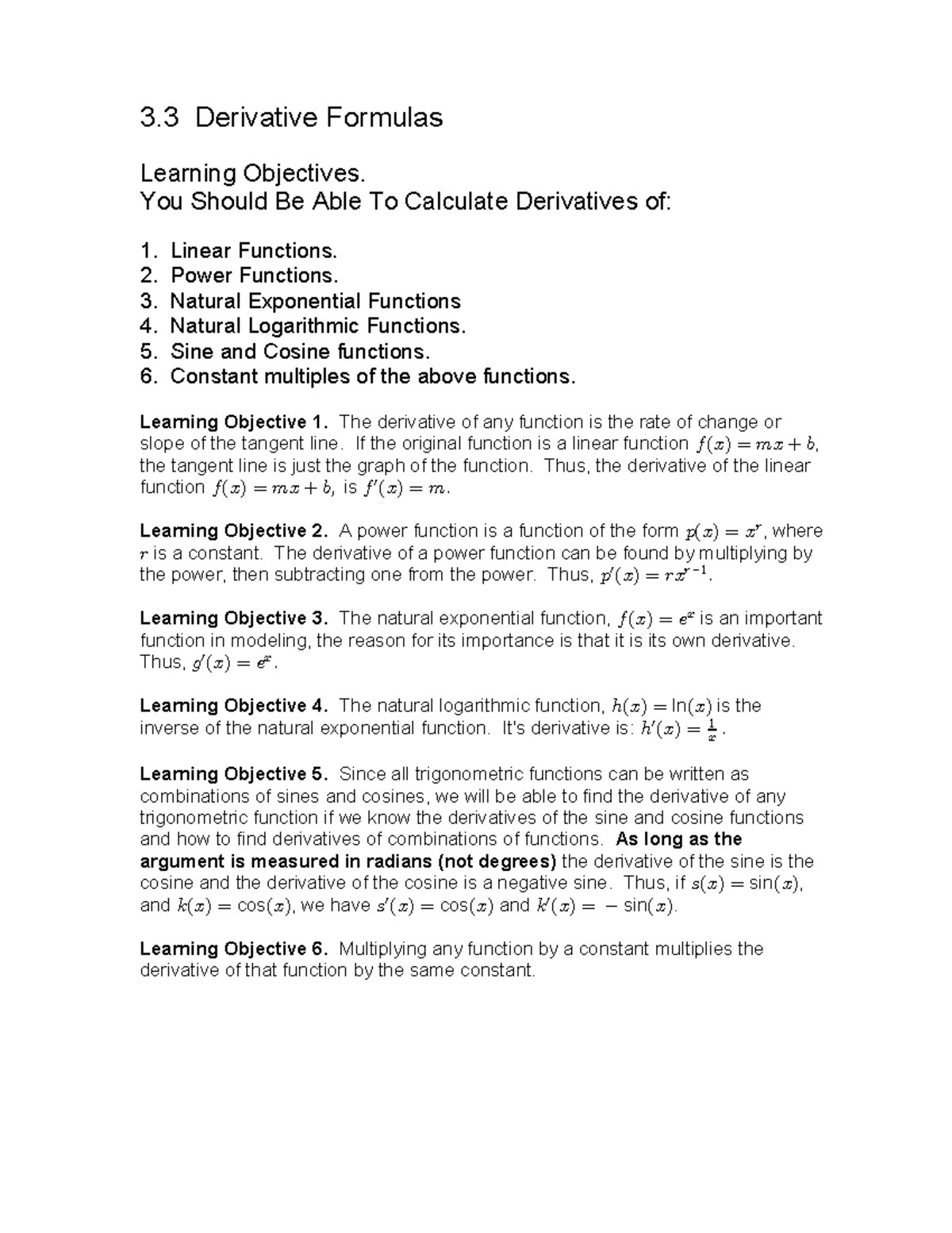Outline Notes Section 3.3 - 3 Derivative Formulas Learning Objectives ...