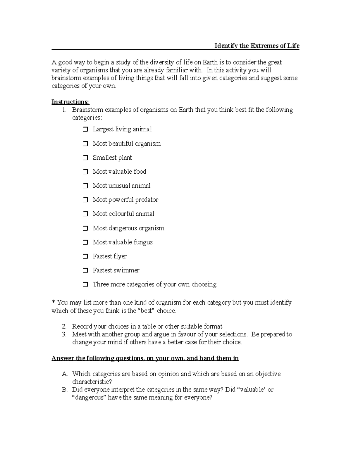 Extremes of Life - personal assignment - Identify the Extremes of Life ...
