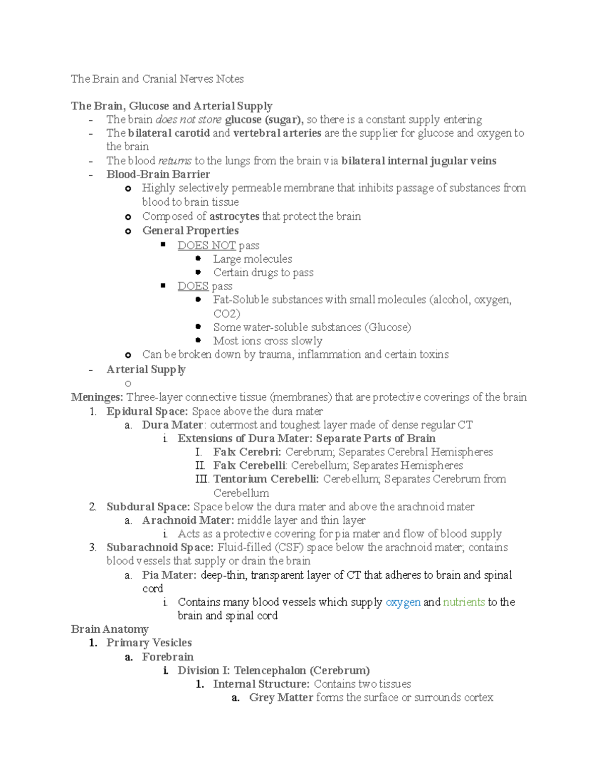 Brain, Cranial Nerves, ANS Notes - The Brain and Cranial Nerves Notes ...