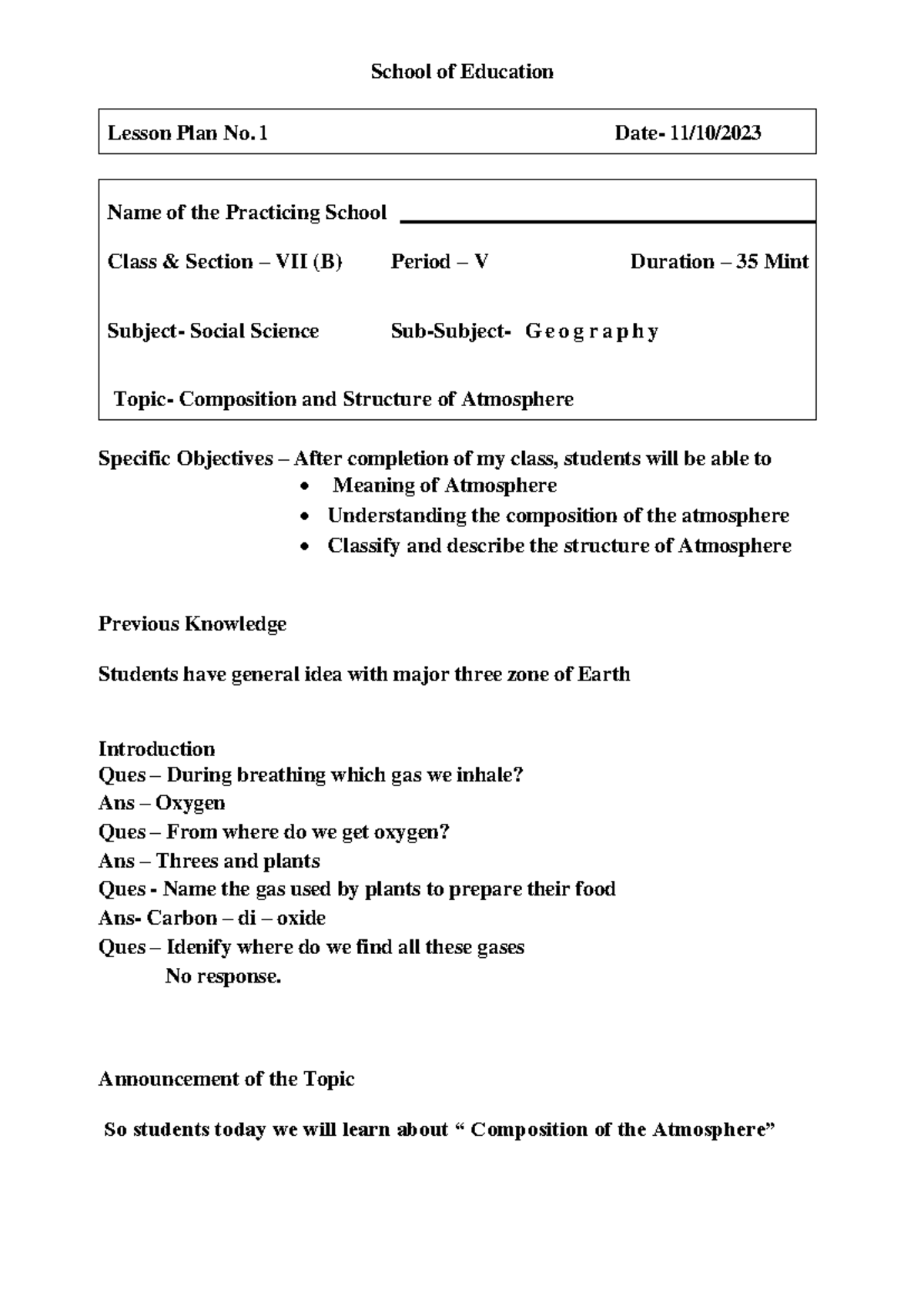 Lesson Plan for practice teaching - Lesson Plan No. 1 Date- 11/10/ Name ...