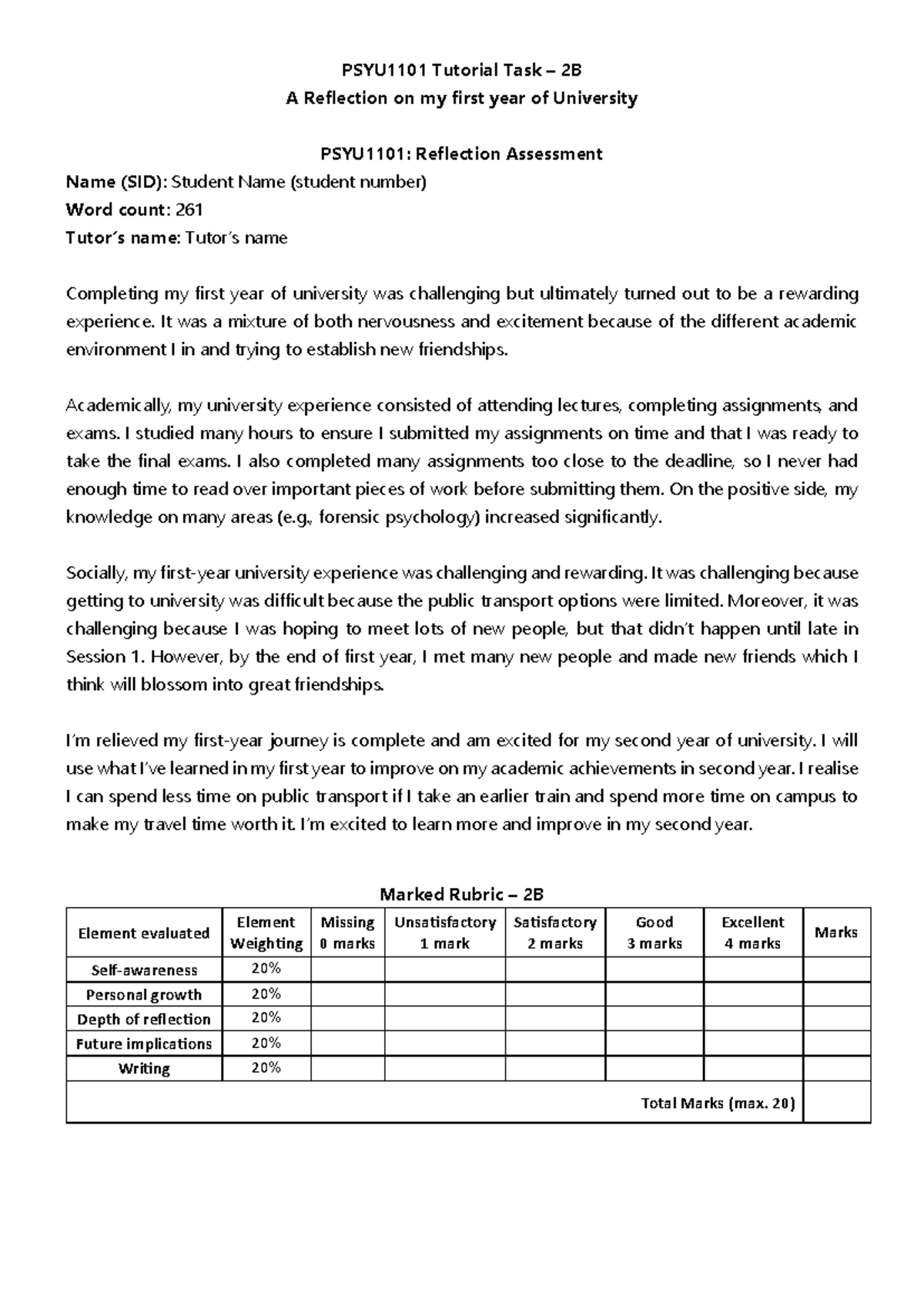 PSYU-X1101 2024 S1 Reflection example 2B FORM 16Feb2024 - PSYU1101 ...