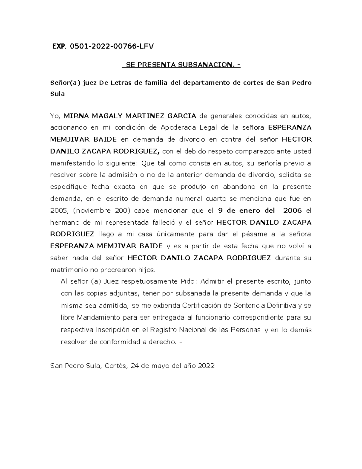 Subsanacion Demanda Divorcio Exp 0501 2022 00766 Lfv Se Presenta