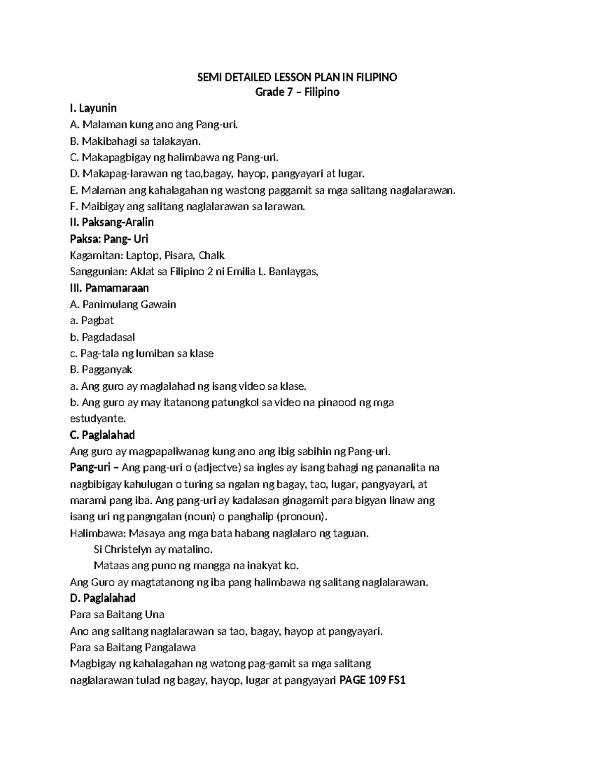 Artifacts FS1 - SEMI DETAILED LESSON PLAN IN FILIPINO Grade 7 ...