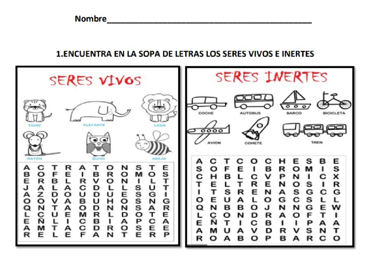 Actividad seres vivos e inertes - Nombre 1 EN LA SOPA DELETRAS LOS ...