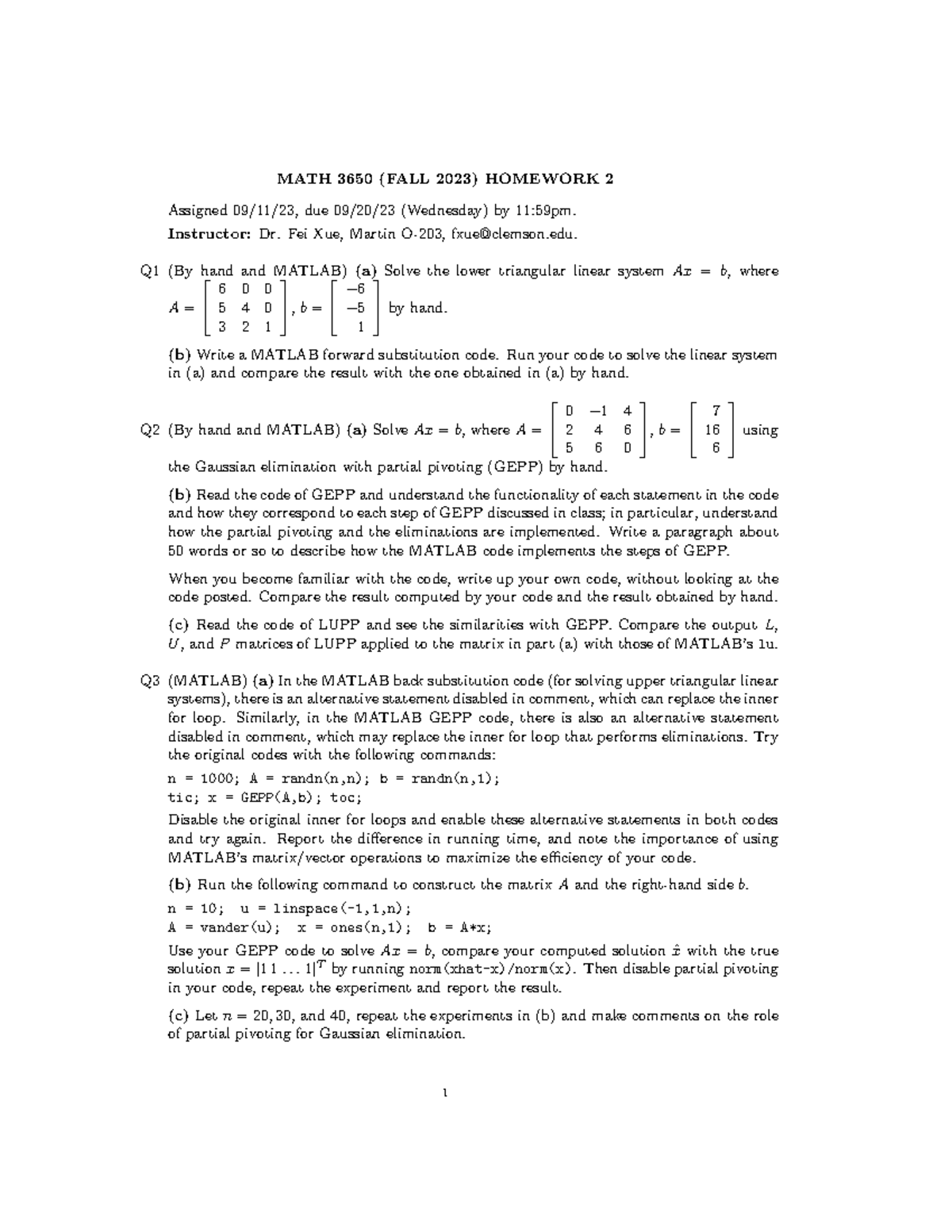HW2 Fall2023 - MATH 3650 (FALL 2023) HOMEWORK 2 Assigned 09/11/23, due 09/20/23 (Wednesday) by ...