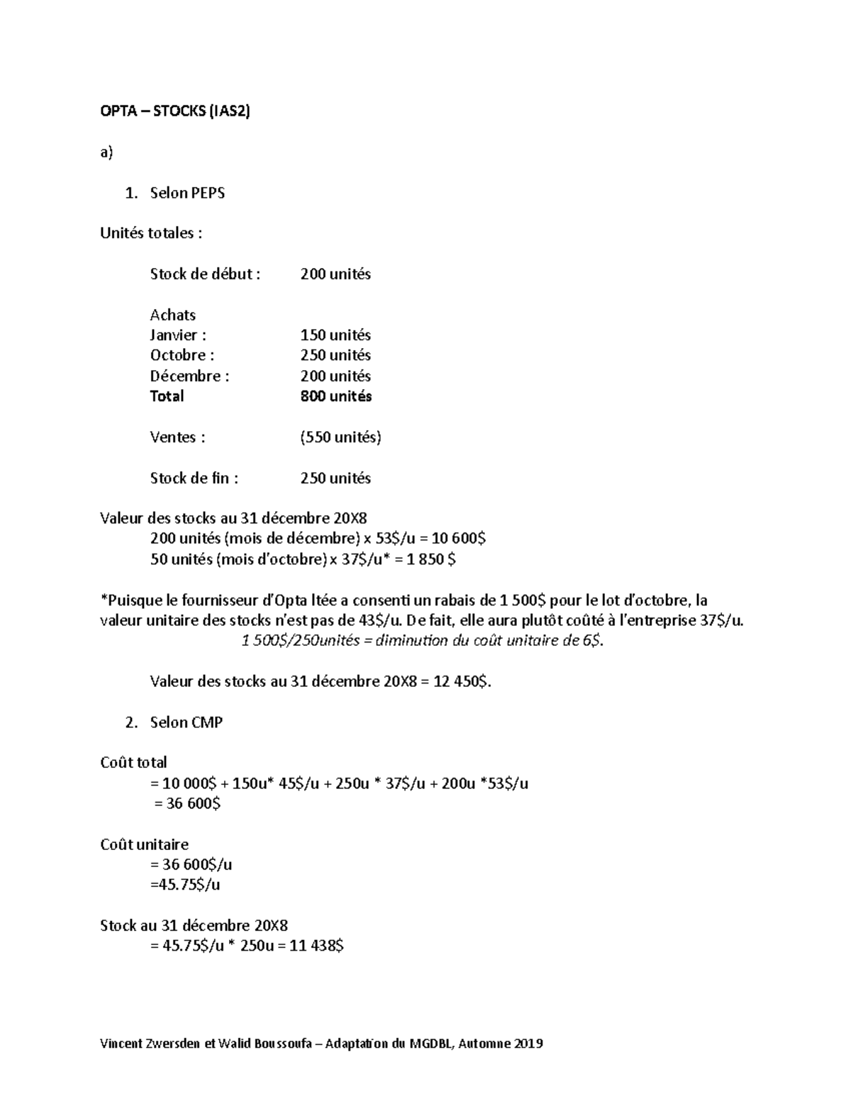 Solutionnaire Intra SCO2240 A2019 - OPTA – STOCKS (IAS2) a) Selon PEPS ...