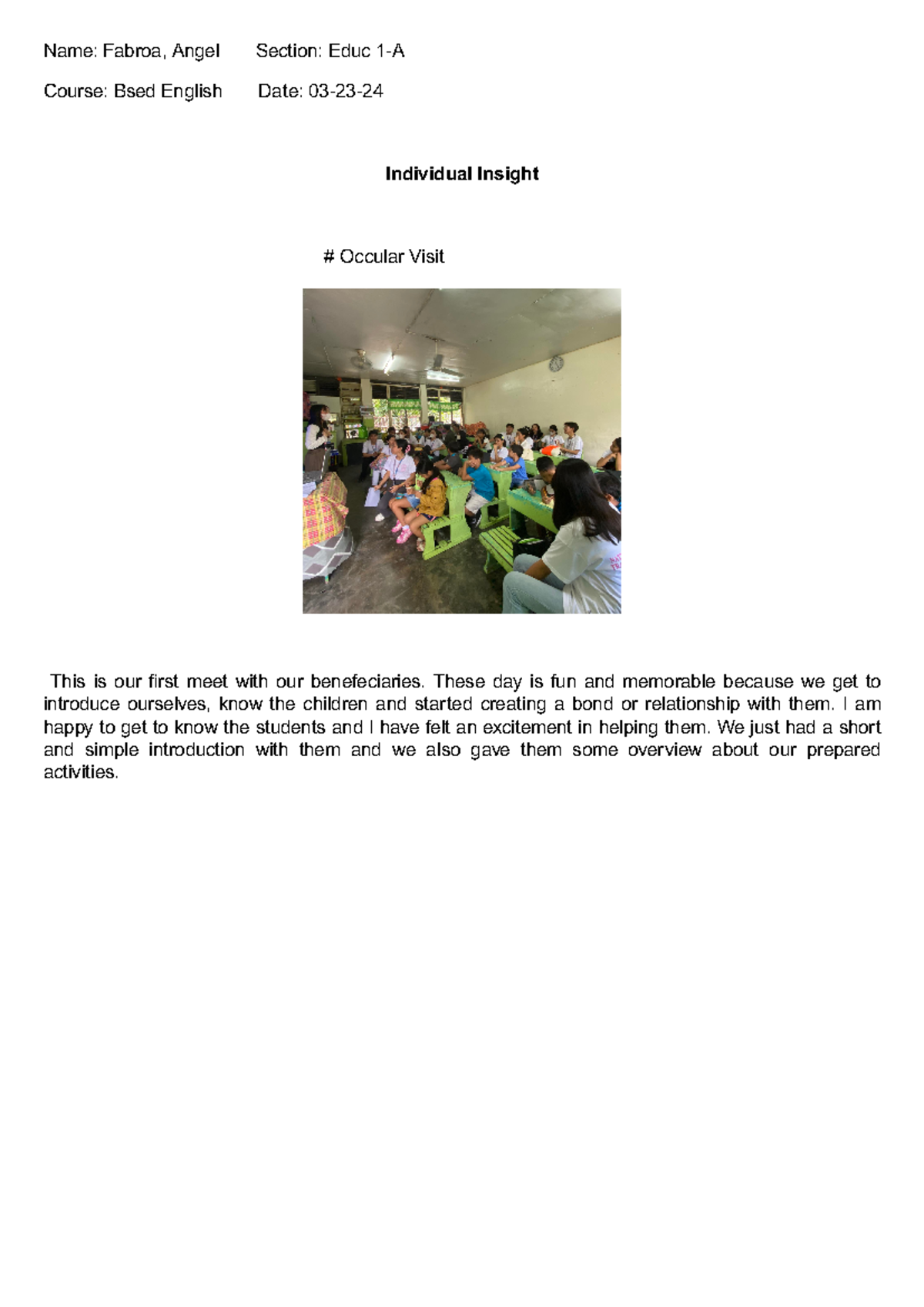 Individual Insight Template-1 - Name: Fabroa, Angel Section: Educ 1-A ...