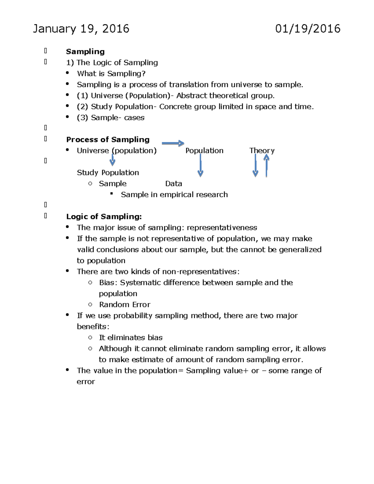 January 19 - Lecture notes. - January 19, 2016 01/19/ Sampling 1) The ...