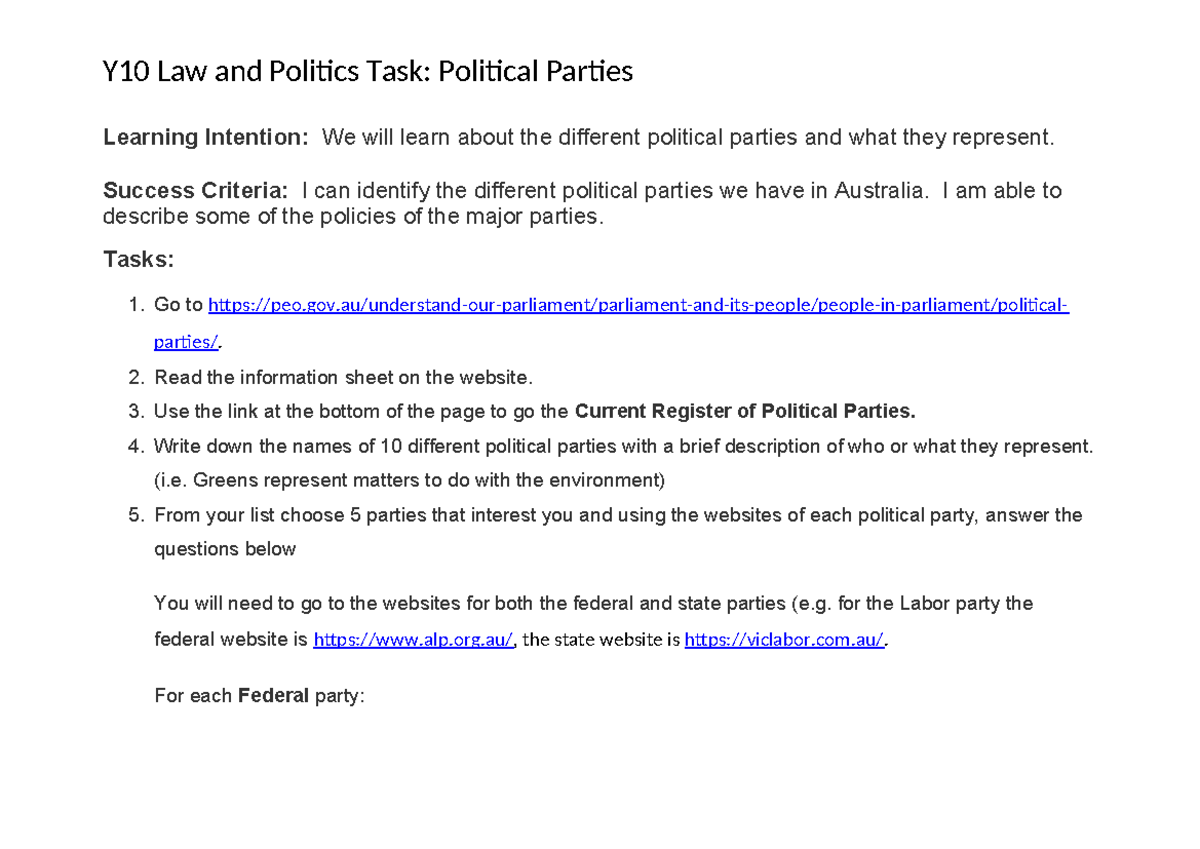 Year 10 Legal Studies political parties activities (3) - Learning ...