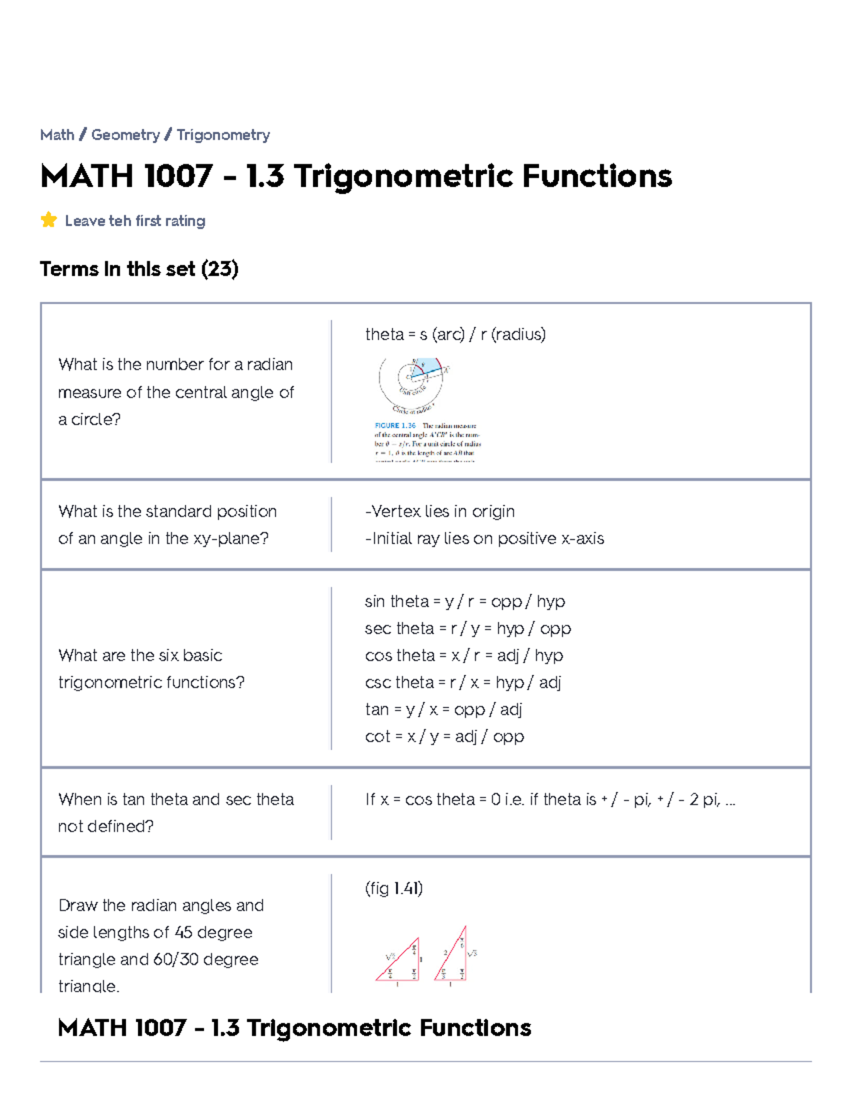MATH 1007 - 1.3 Trigonometric Functions - MATH 1007 - 1 Trigonometric ...