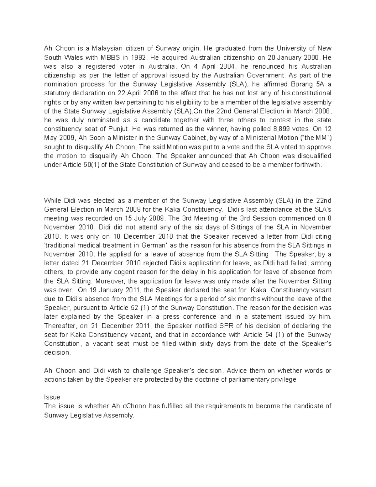 Consti TUTO 6 - 12334 - Ah Choon is a Malaysian citizen of Sunway ...
