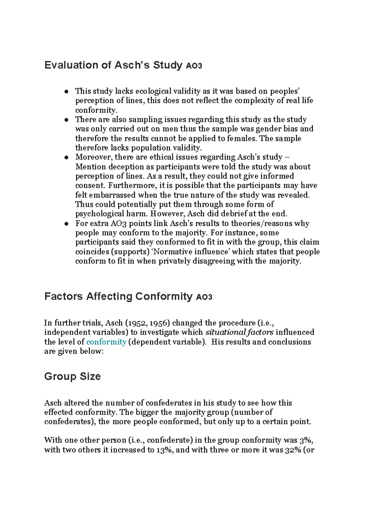 Evaluation of Asch’s Study AO3 - Evaluation of Asch’s Study AO This ...