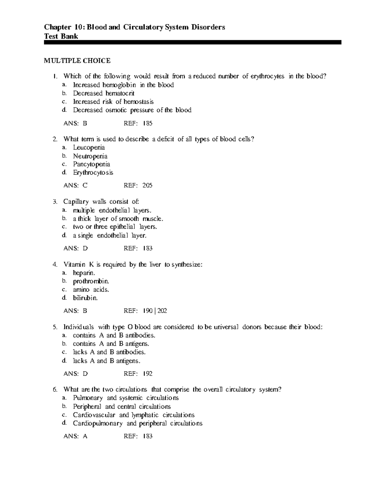 Blood disorders - test bank - Chapter 10: Blood and Circulatory System ...