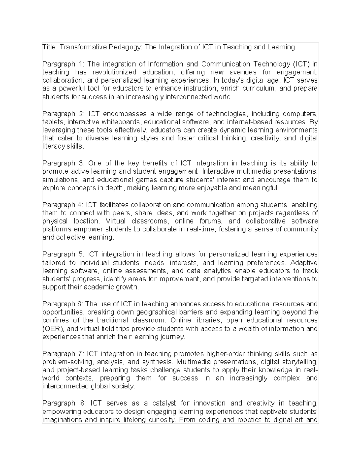 Integration of Technology - Title: Transformative Pedagogy: The ...