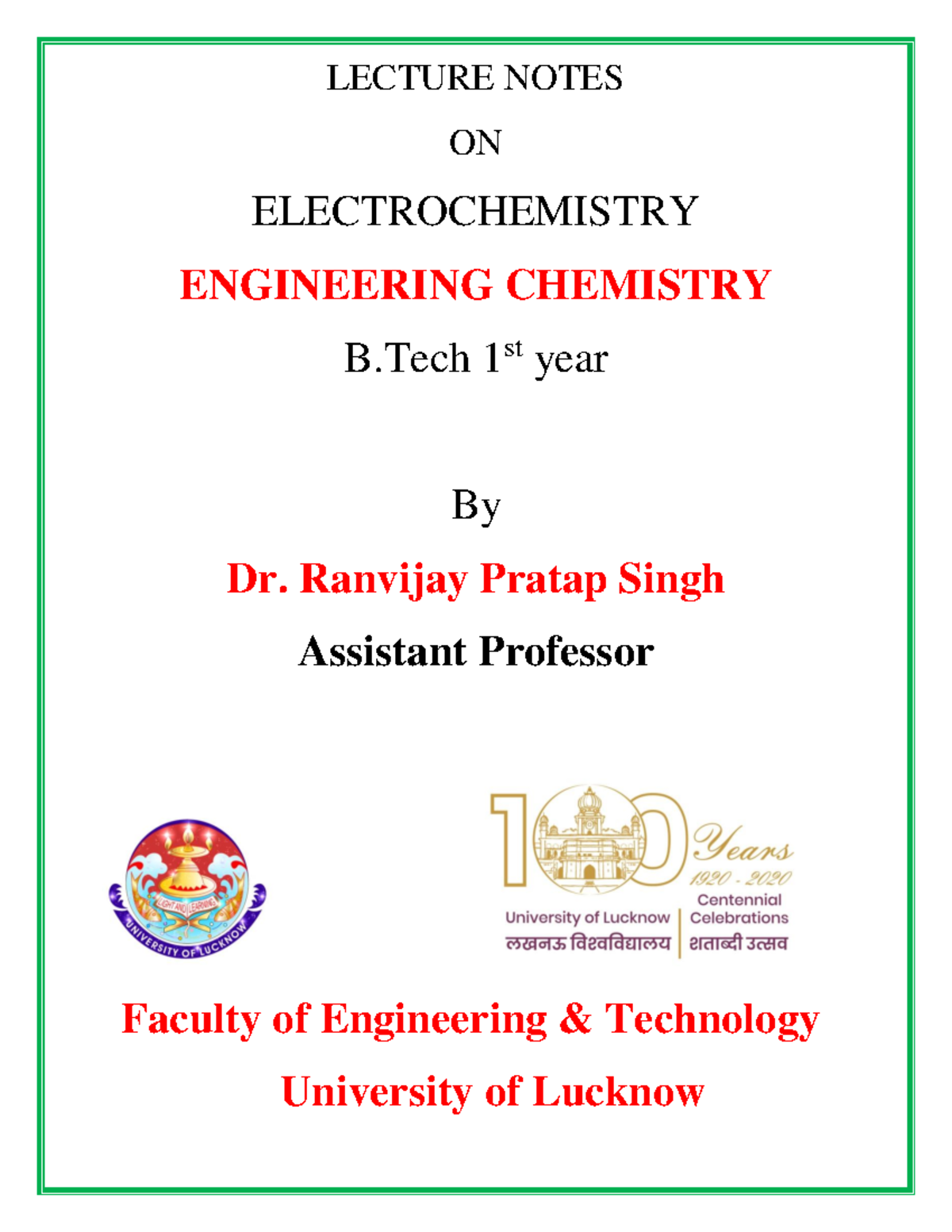 Electrochemistry - LECTURE NOTES ON ELECTROCHEMISTRY ENGINEERING ...