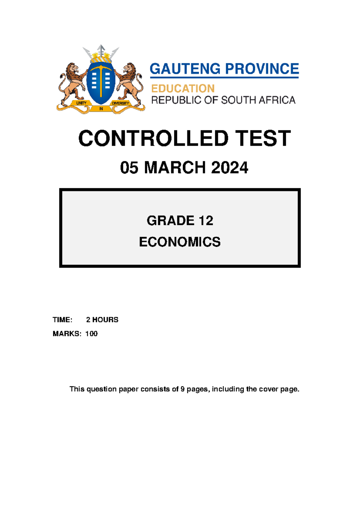 Grade 12 Controlled TEST 1 2024 - CONTROLLED TEST 05 MARCH 2024 TIME: 2 ...