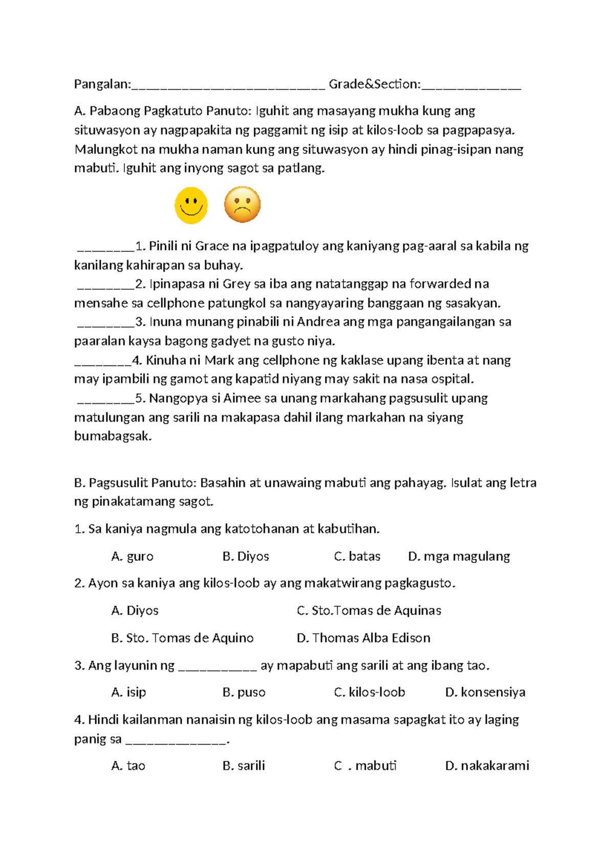 ESP Activity Lesson 1 - Pangalan:___________________________ Grade ...