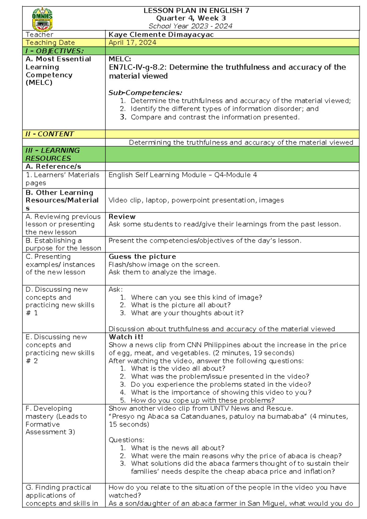 Lesson PLAN IN English 7 - LESSON PLAN IN ENGLISH 7 Quarter 4, Week 3 ...