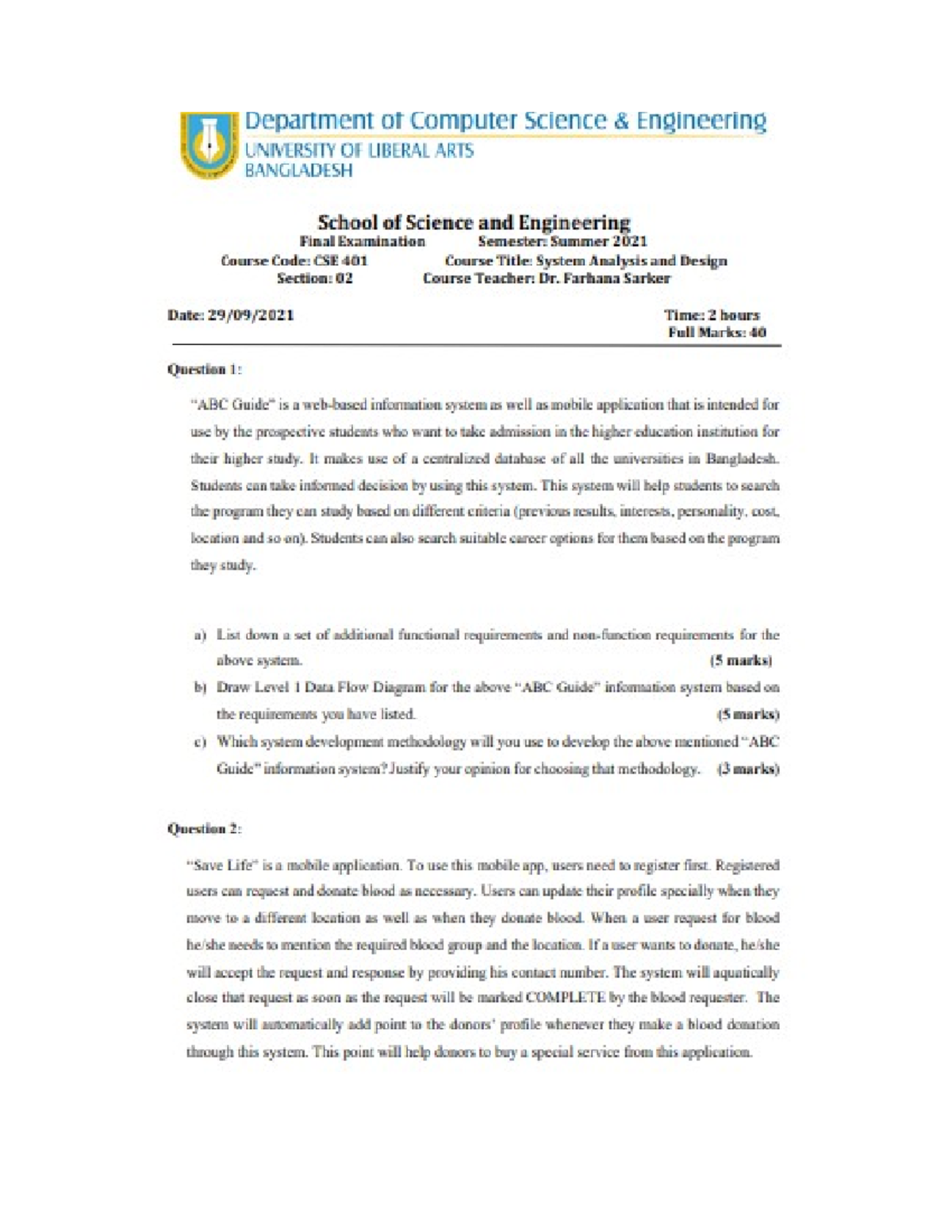 Final Summer 21 Section 2 - System Analysis and Design - Studocu