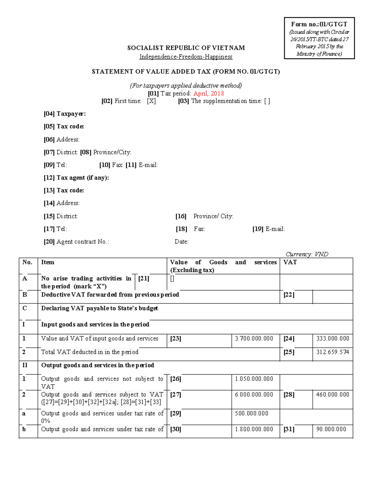 VAT return - VAT case - SOCIALIST REPUBLIC OF VIETNAM Independence ...