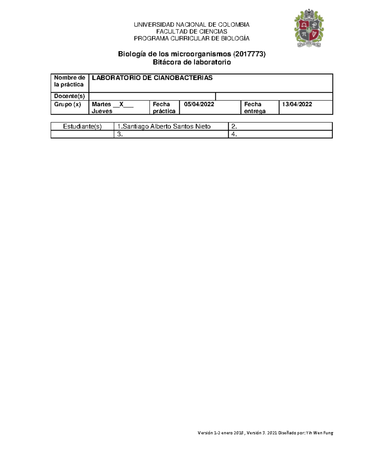 Bitacora Laboratorio Biología microorganismos Cianobacterias - FACULTAD ...