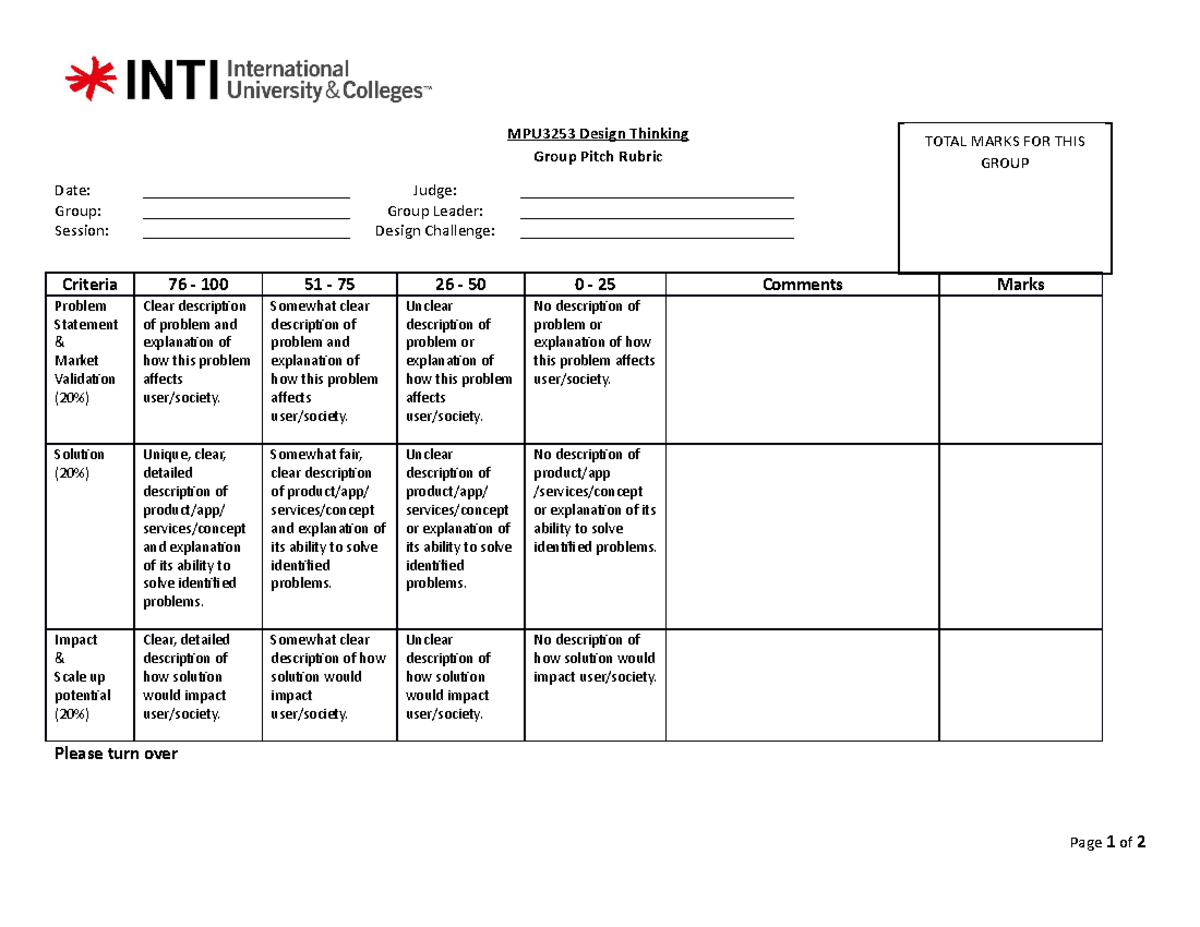 3-Group Pitch Rubric(1) - MPU3253 Design Thinking Group Pitch Rubric ...