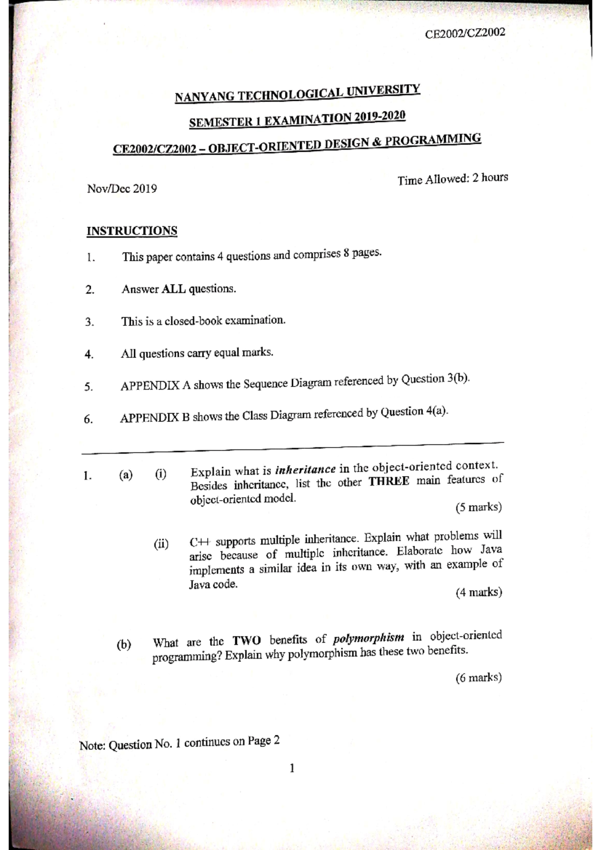 Exam 26 November 2019, questions - CZ2002 - Studocu