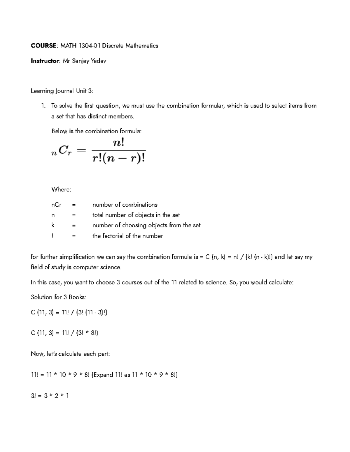 Learning Journal UNIT 3 - MATH 1304-01 - COURSE: MATH 1304- 01 Discrete ...