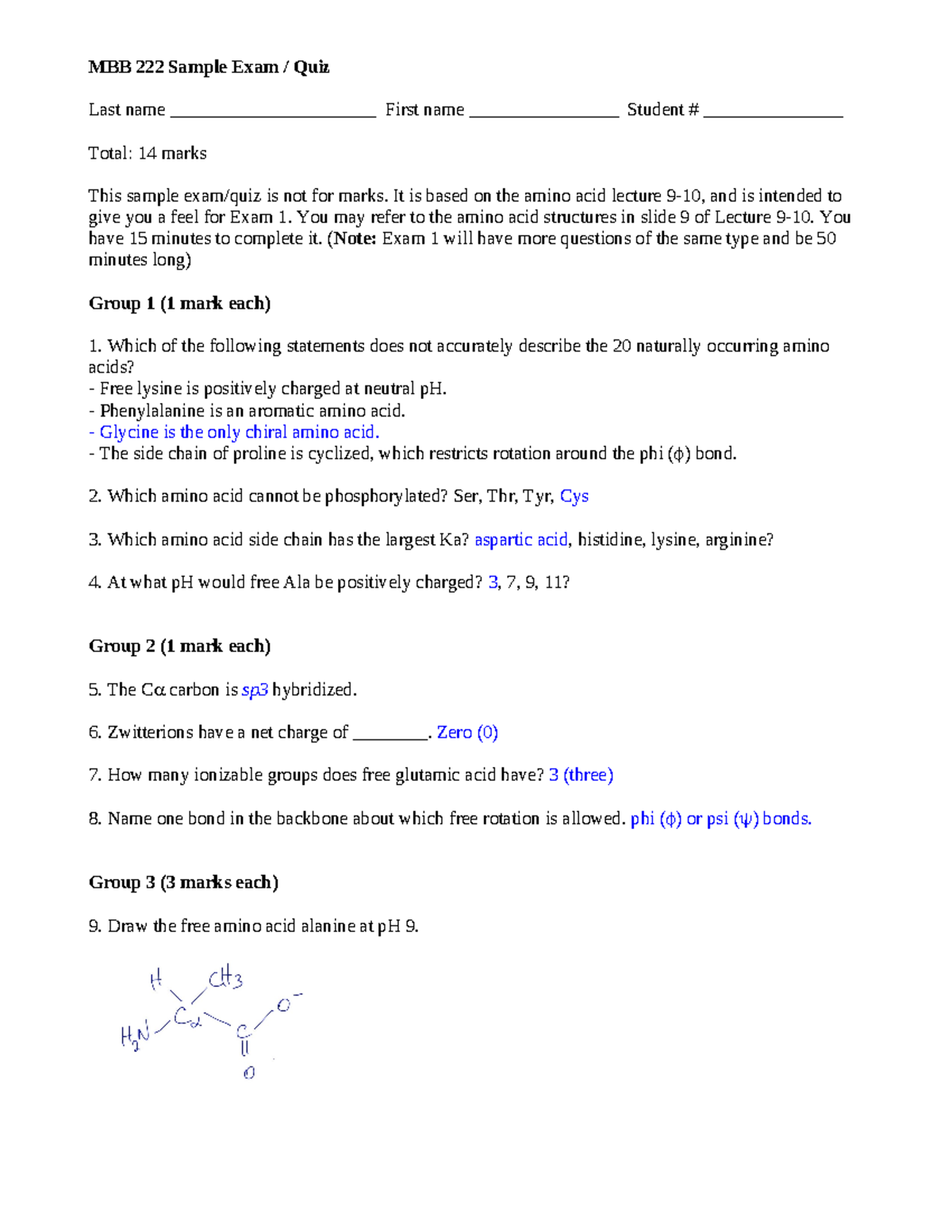 Sample Midterm 1 Key - MBB 222 Sample Exam / Quiz Last name ...