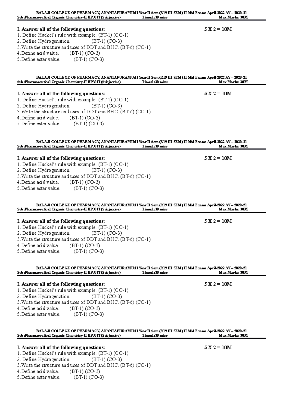 2nd MID POC-2 - QUESTION PAPER OF THAT - BALAJI COLLEGE OF PHARMACY, ANANTAPURAMU:II Year II Sem ...