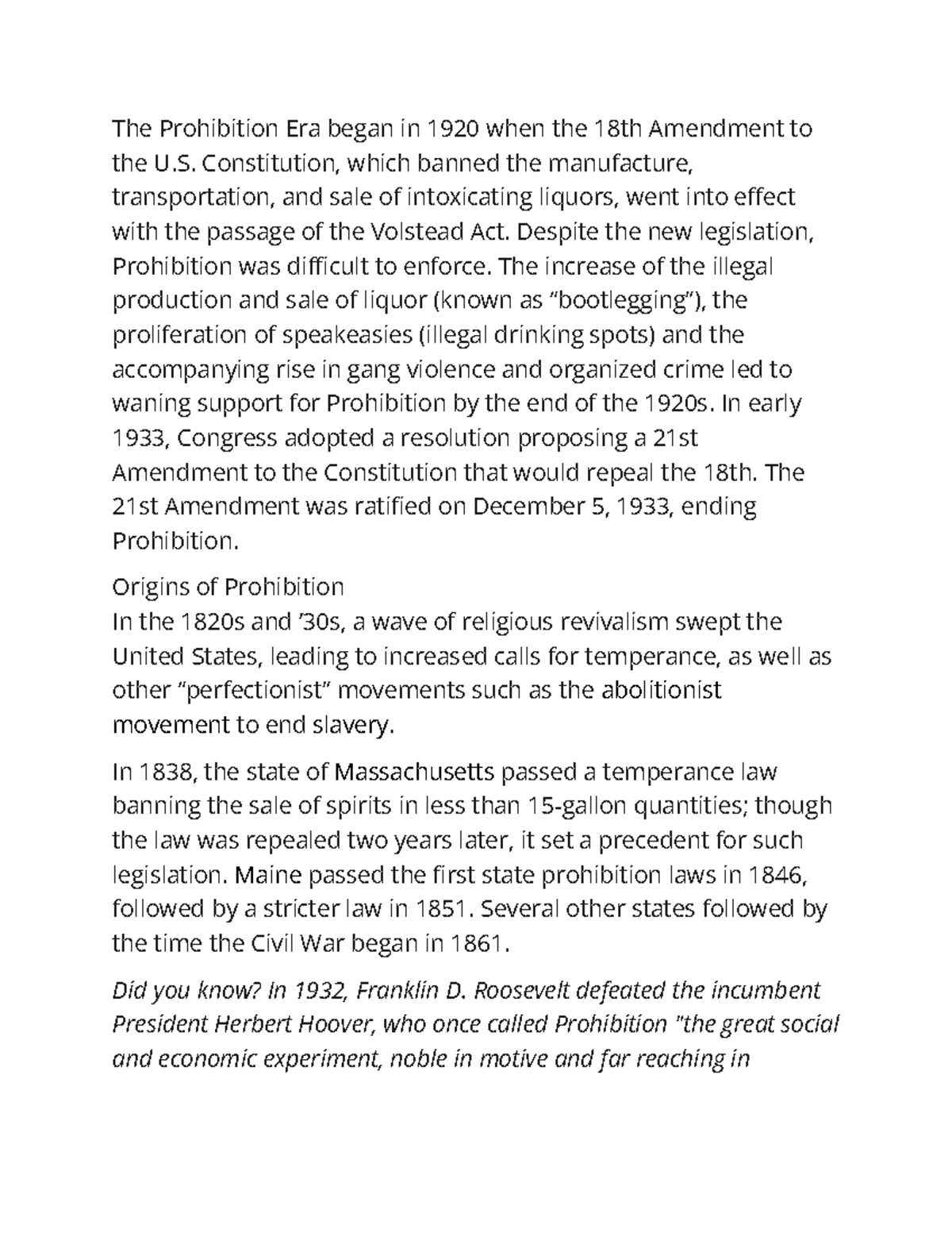 Prohibition Era Notes - The Prohibition Era began in 1920 when the 18th ...