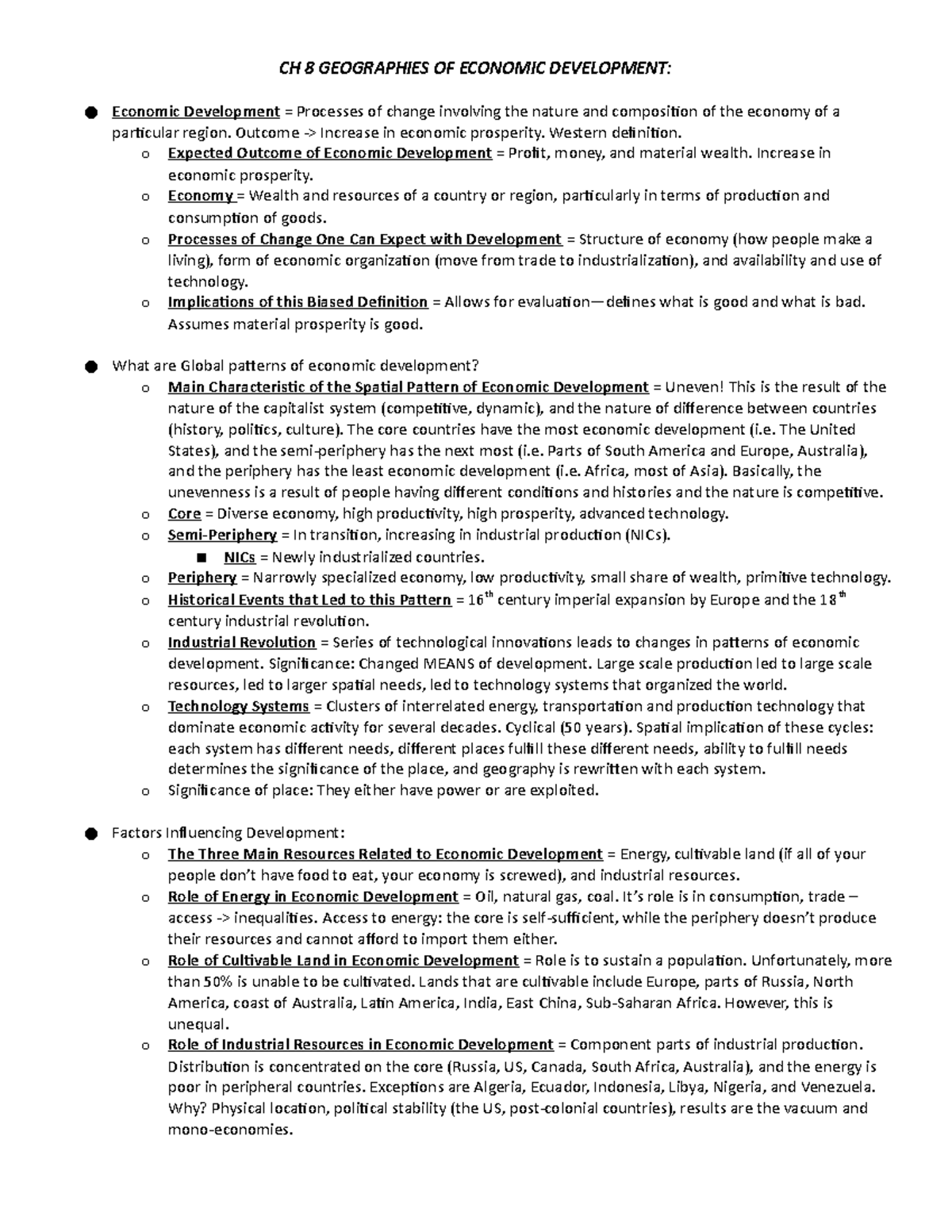 GEO101 Study Guide for Final Exam - CH 8 GEOGRAPHIES OF ECONOMIC ...