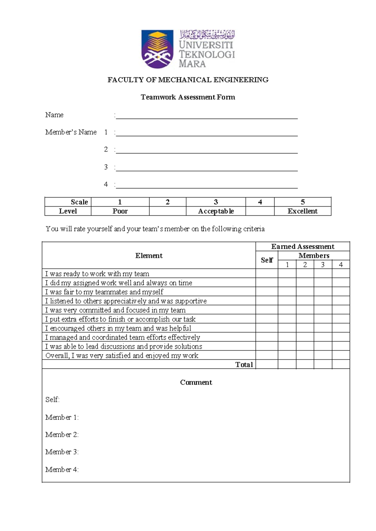 Team work assessment form - FACULTY OF MECHANICAL ENGINEERING Teamwork ...