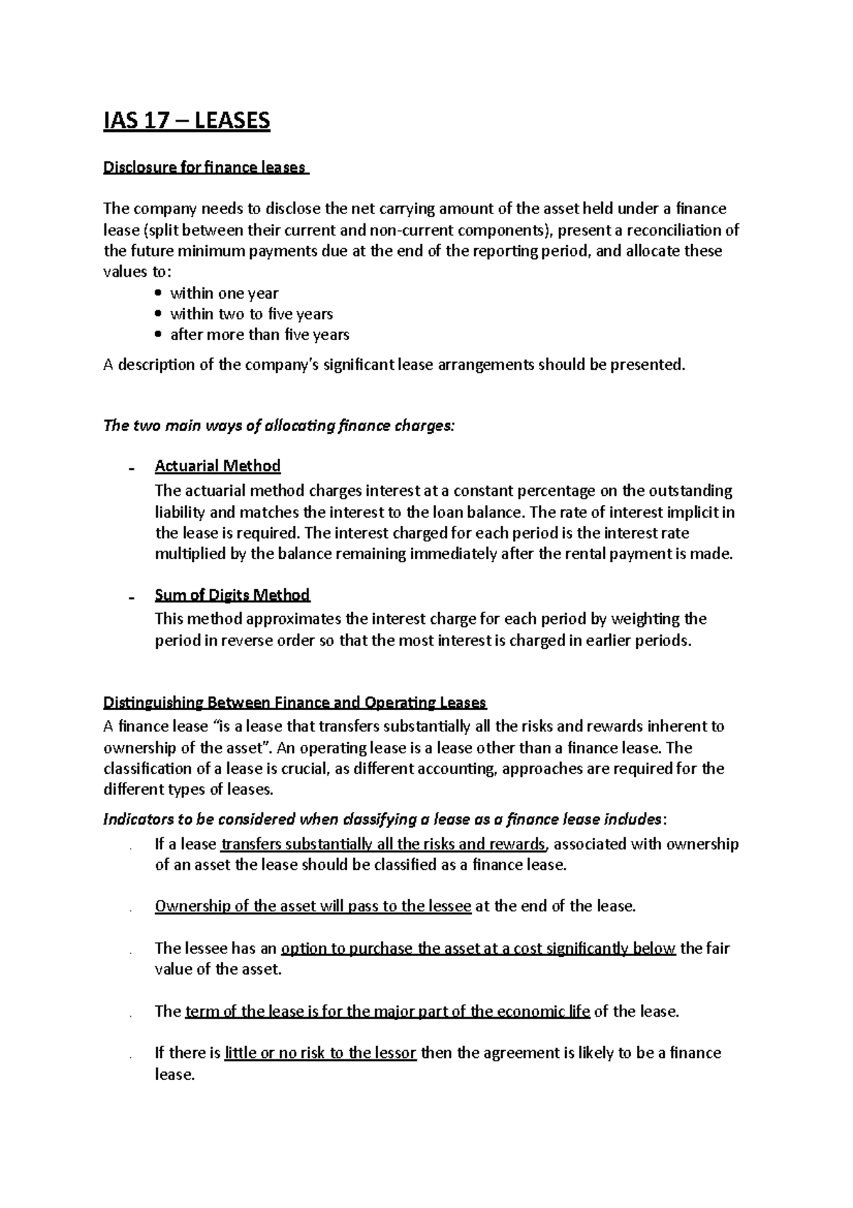IAS 17 Leases Summary Of Learning Requirements On IAS17 Leases Exam