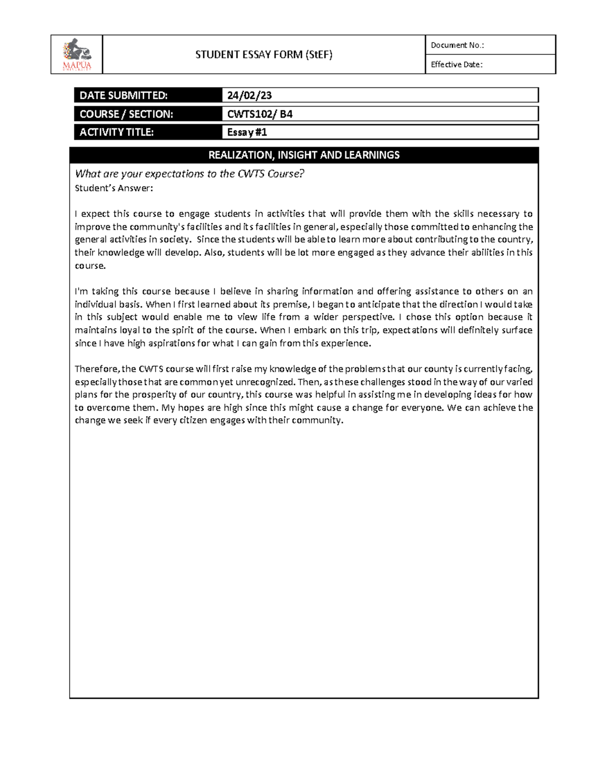 Cureg RP CWTS102 B4 E1 - essay about cwts - STUDENT ESSAY FORM (StEF ...