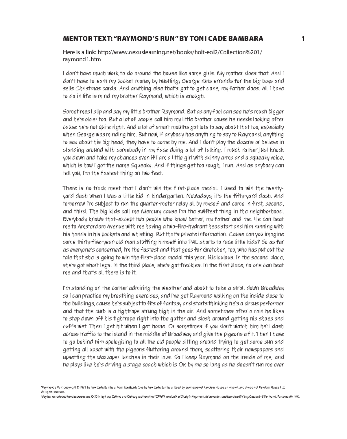 Raymonds Run - Short story - 1 “Raymond’s Run,” copyright © 1971 by ...