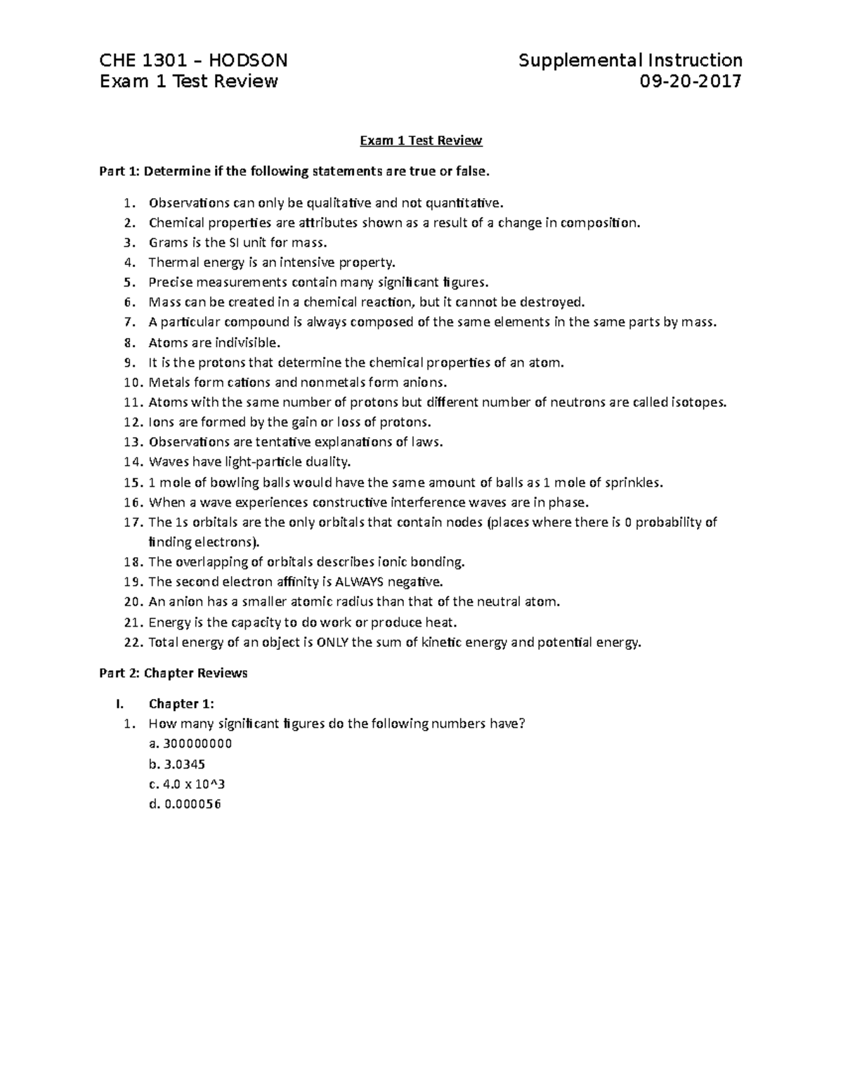 Exam 1 Test Review - Topics covered - CHE 1301 HODSON Exam 1 Test ...