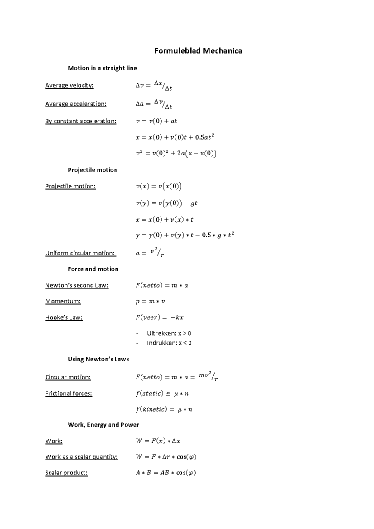 Summary Mechanics 1 - formula sheet - Formuleblad Mechanica Motion in a ...