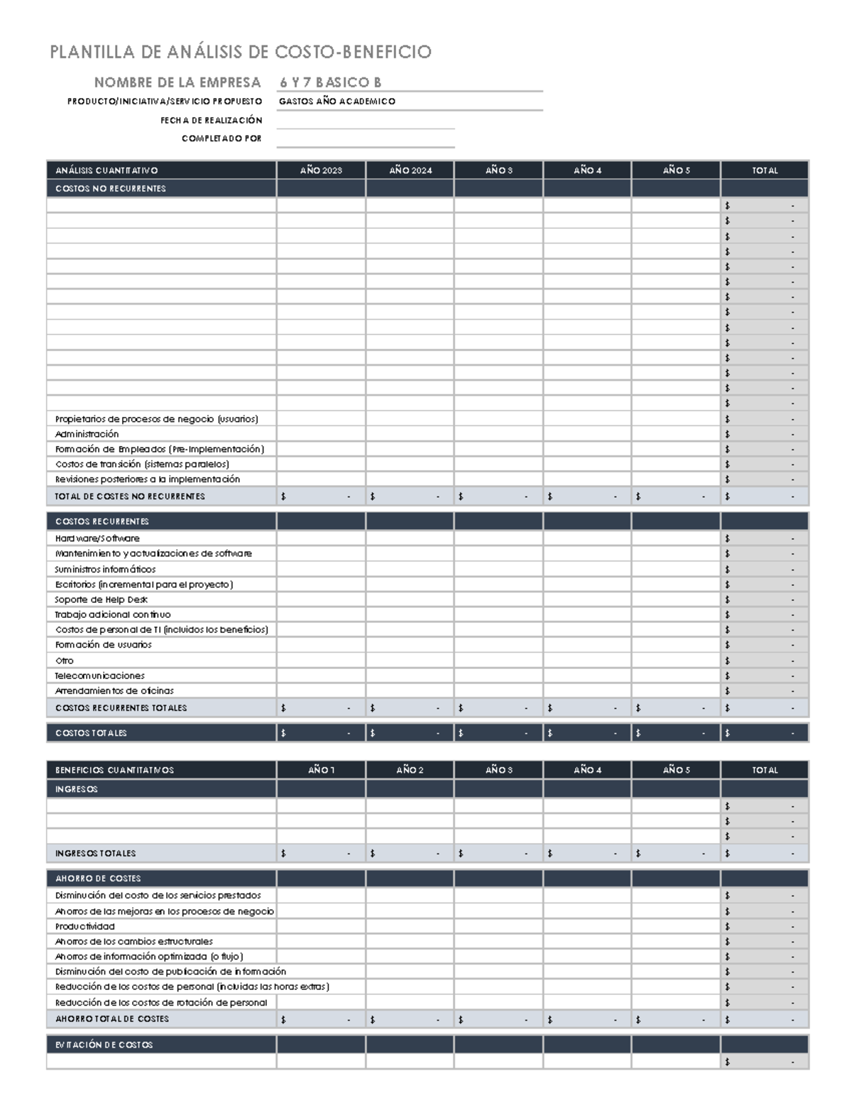 Planilla de costos año 2023-2024 - PLANTILLA DE ANÁLISIS DE COSTO-BENEFICIO NOMBRE DE LA EMPRESA ...