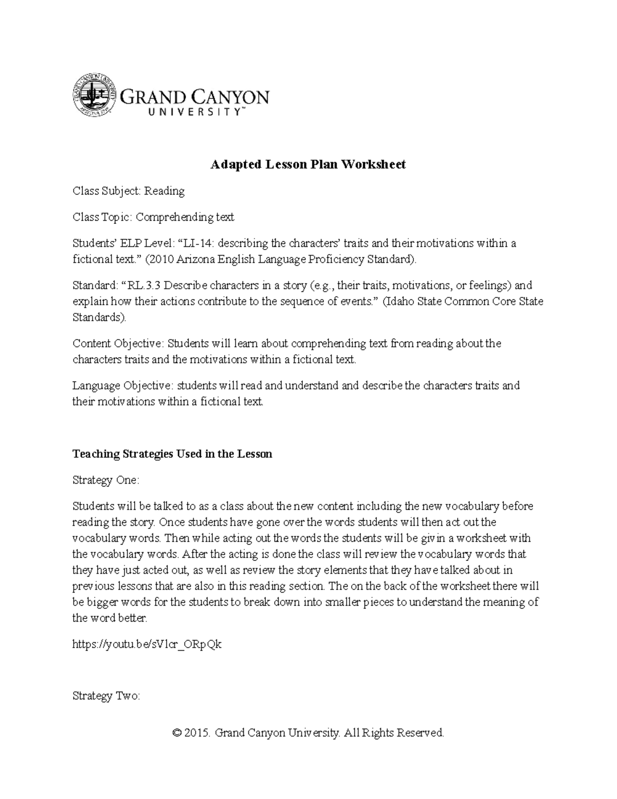 Updated lesson plan adapted - Adapted Lesson Plan Worksheet Class ...