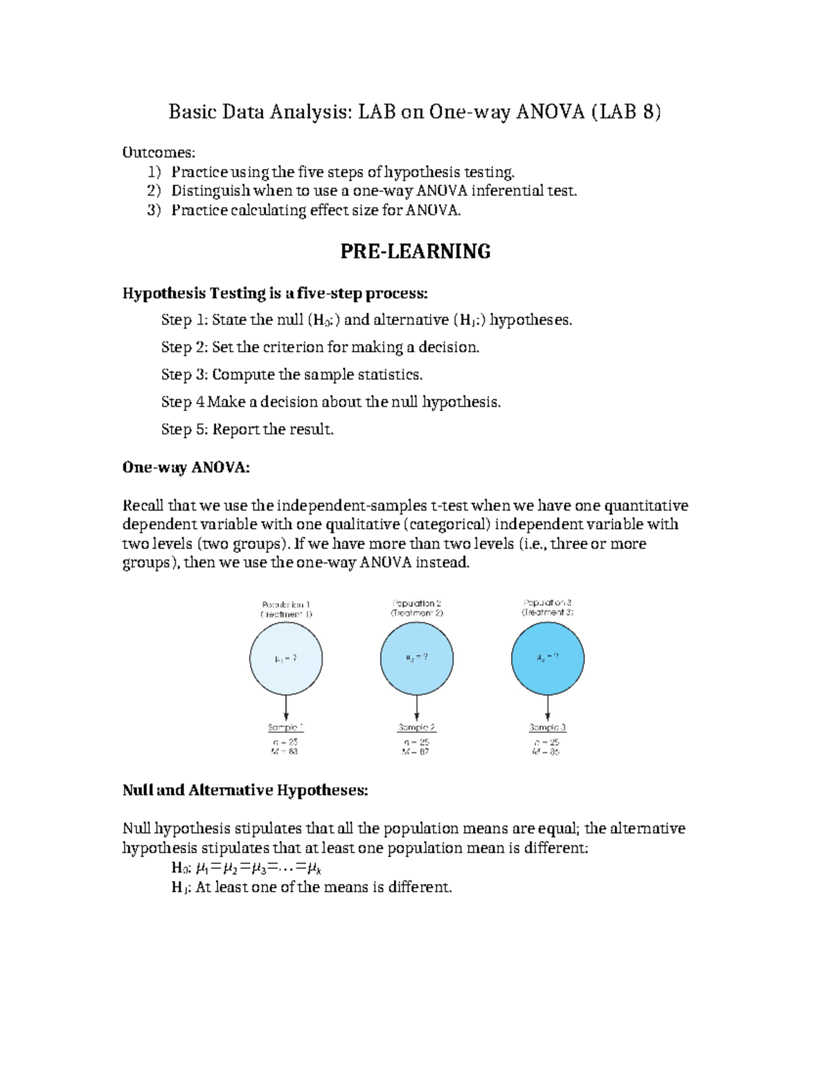 LAB8Handout - lab handout 8 - Basic Data Analysis: LAB on One-way ANOVA (LAB 8) Outcomes ...