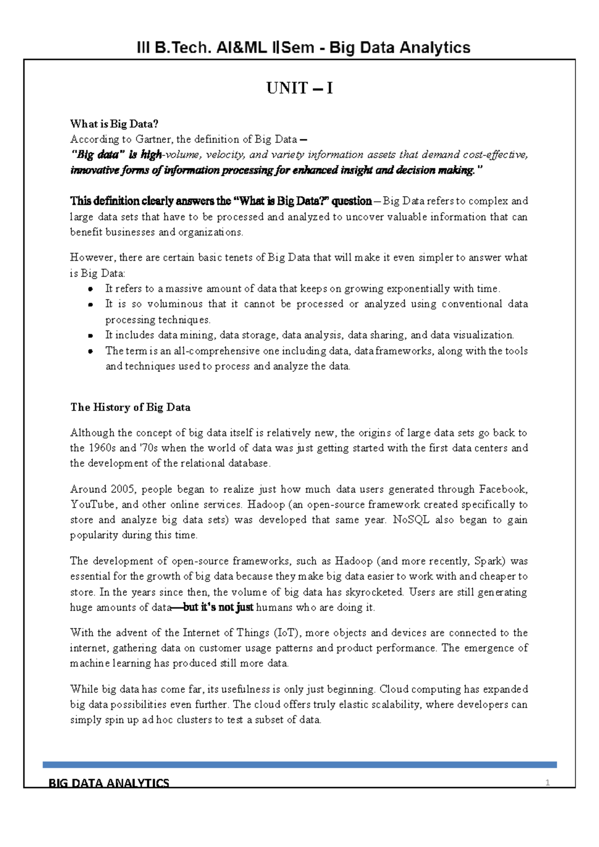 BDA AIML NOTE UNIT 1 - aaa - UNIT I What is Big Data? According to ...
